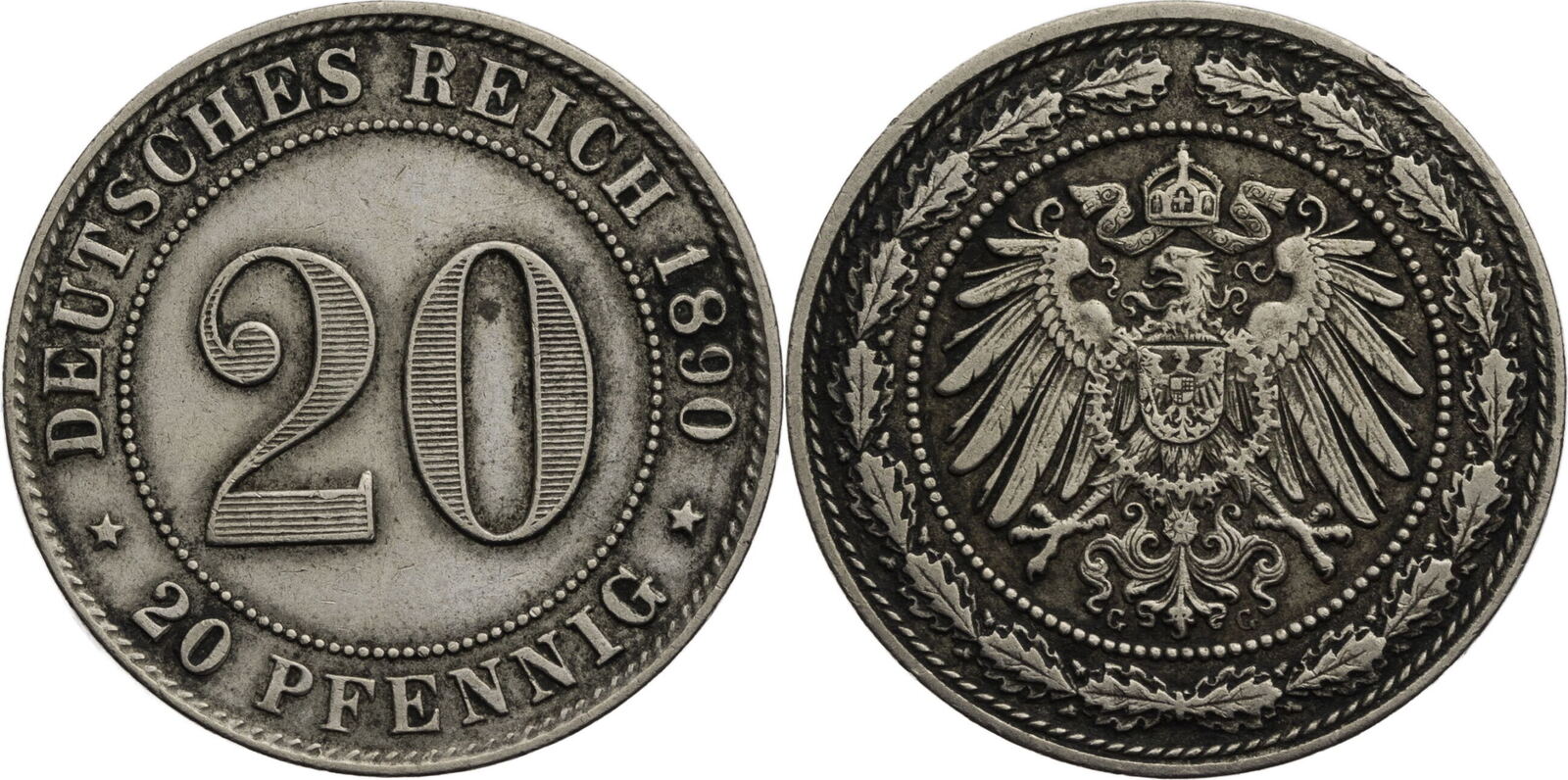 Kaiserreich 20 Pfennig 1890 G Kursmünze (Großer Adler) VF | MA-Shops
