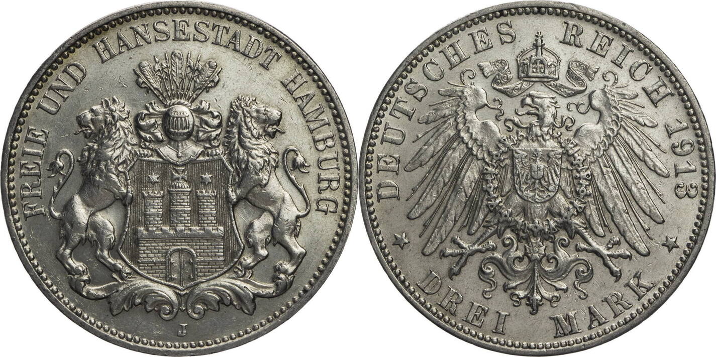 Kaiserreich, Hamburg 3 Mark 1913 J Kursmünze (1908-1914) VF | MA-Shops