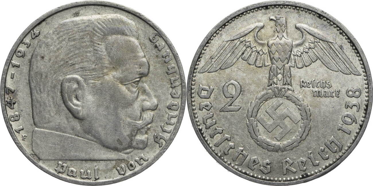 Drittes Reich 2 Reichsmark 1938 F Paul von Hindenburg - Kursmünze (1936 ...