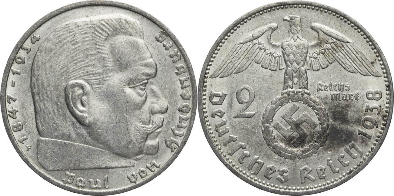 Drittes Reich 2 Reichsmark 1938 F Paul von Hindenburg - Kursmünze (1936 ...