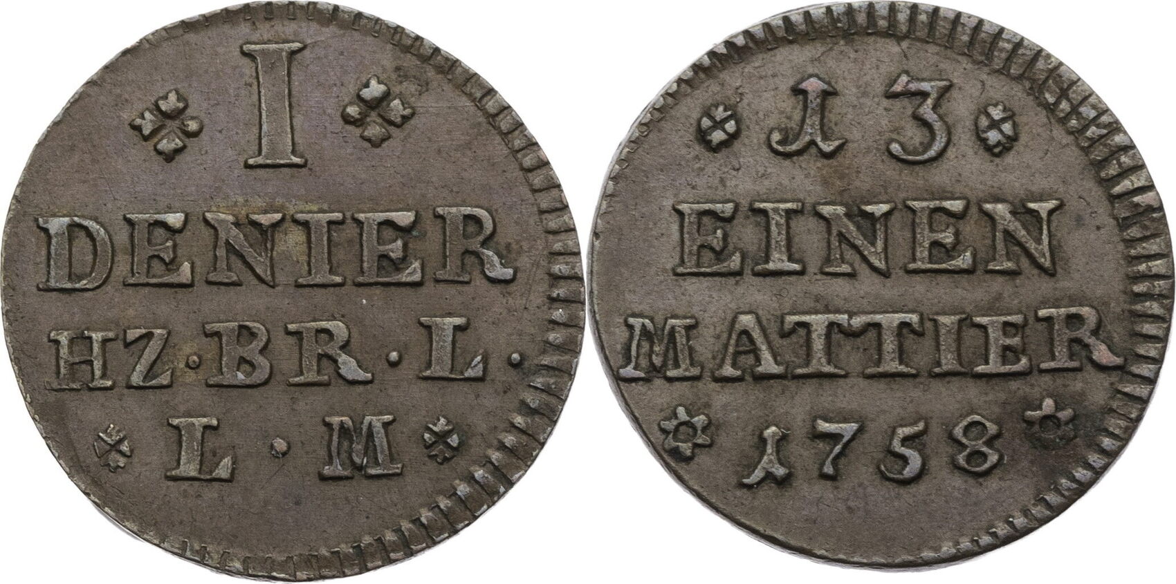 Braunschweig-Wolfenbüttel 1 Denier / 1/13 Mattier 1758 Karl I. (1735 ...