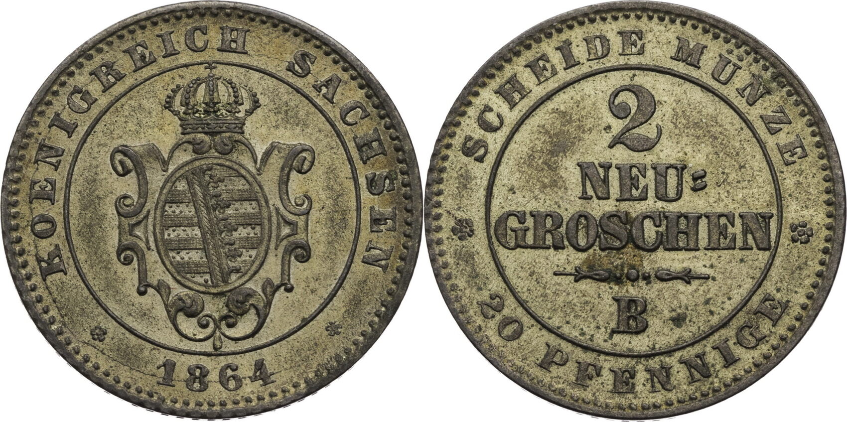 Sachsen, Albertinische Linie 2 Neugroschen 1864 B Johann (1854-1873) VF | MA-Shops