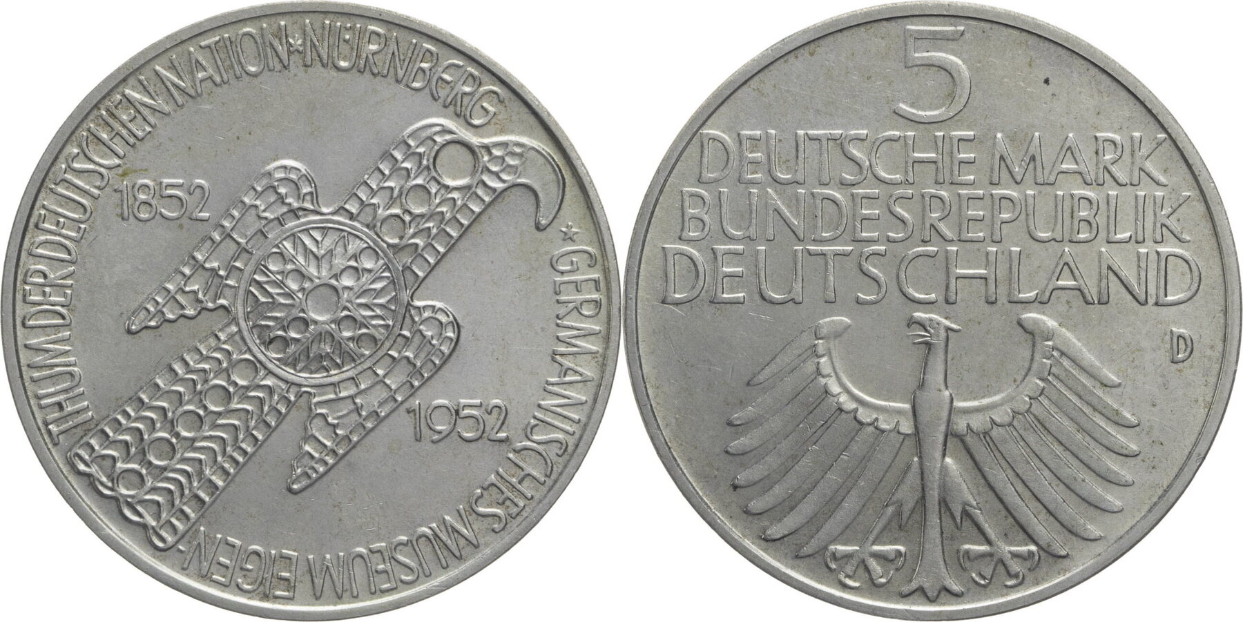 Bundesrepublik Deutschland 5 DM 1952 D 100 Jahre Germanisches National ...