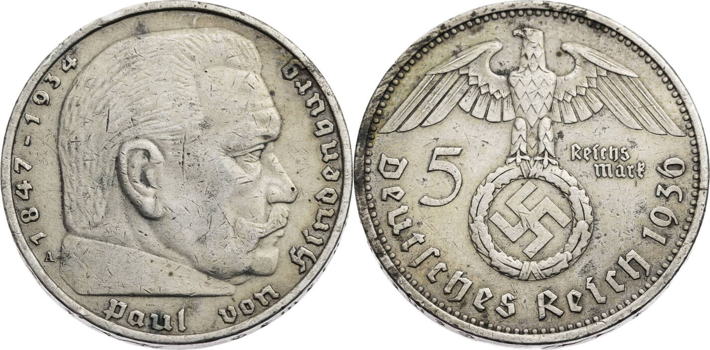 Drittes Reich 5 Reichsmark 1936 A Hindenburg - Kursmünze (1936-1939) VF ...