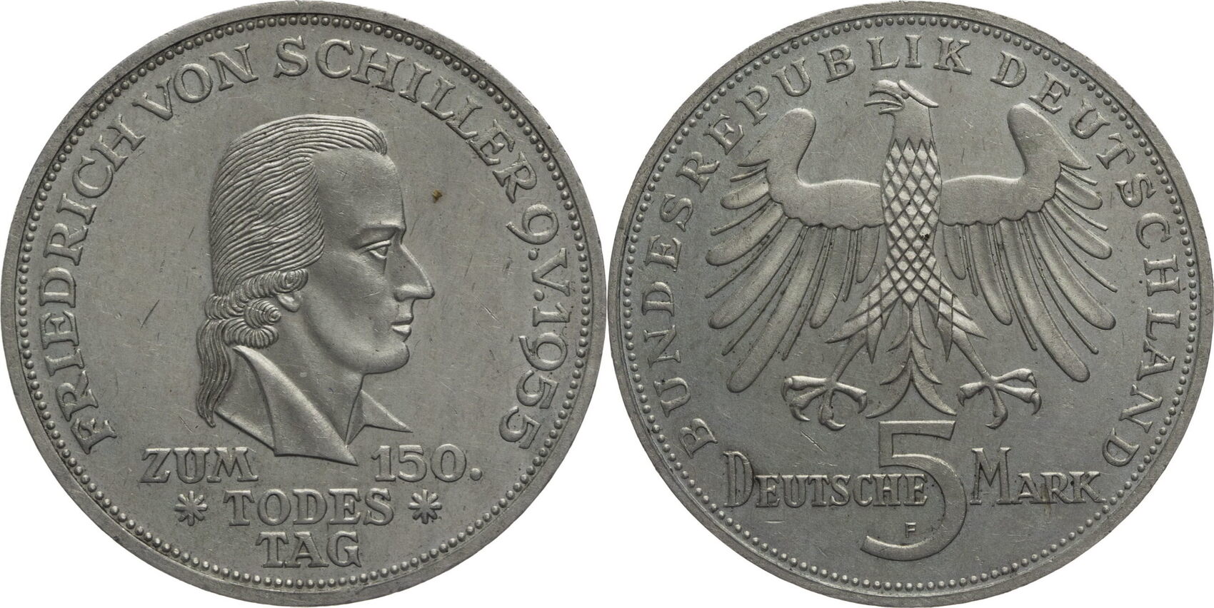 Bundesrepublik Deutschland 5 DM 1955 F Zum 150. Todestag von Friedrich von Schiller VF-EF | MA-Shops