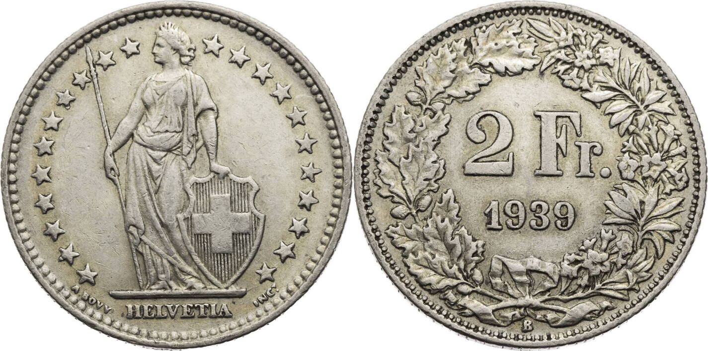 Schweiz 2 Franken 1939 B Helvetia - Kursmünze (1874-1967) VF | MA-Shops