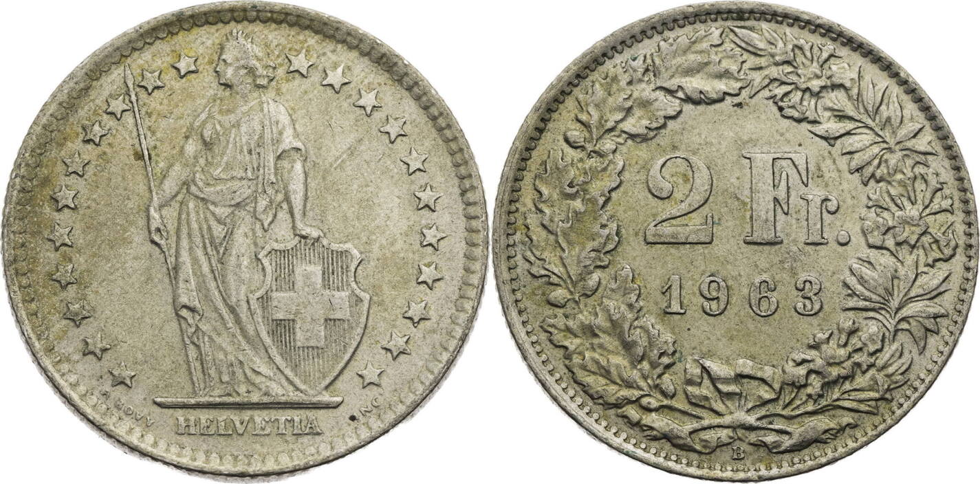 Schweiz 2 Franken 1963 B Helvetia - Kursmünze (1874-1967) EF | MA-Shops