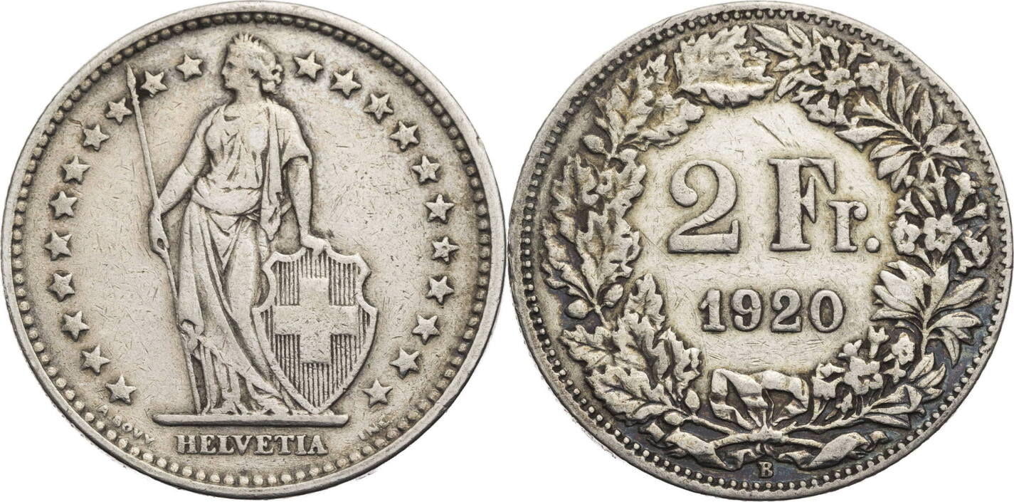 Schweiz 2 Franken 1920 B Helvetia - Kursmünze (1875-1967) VF | MA-Shops