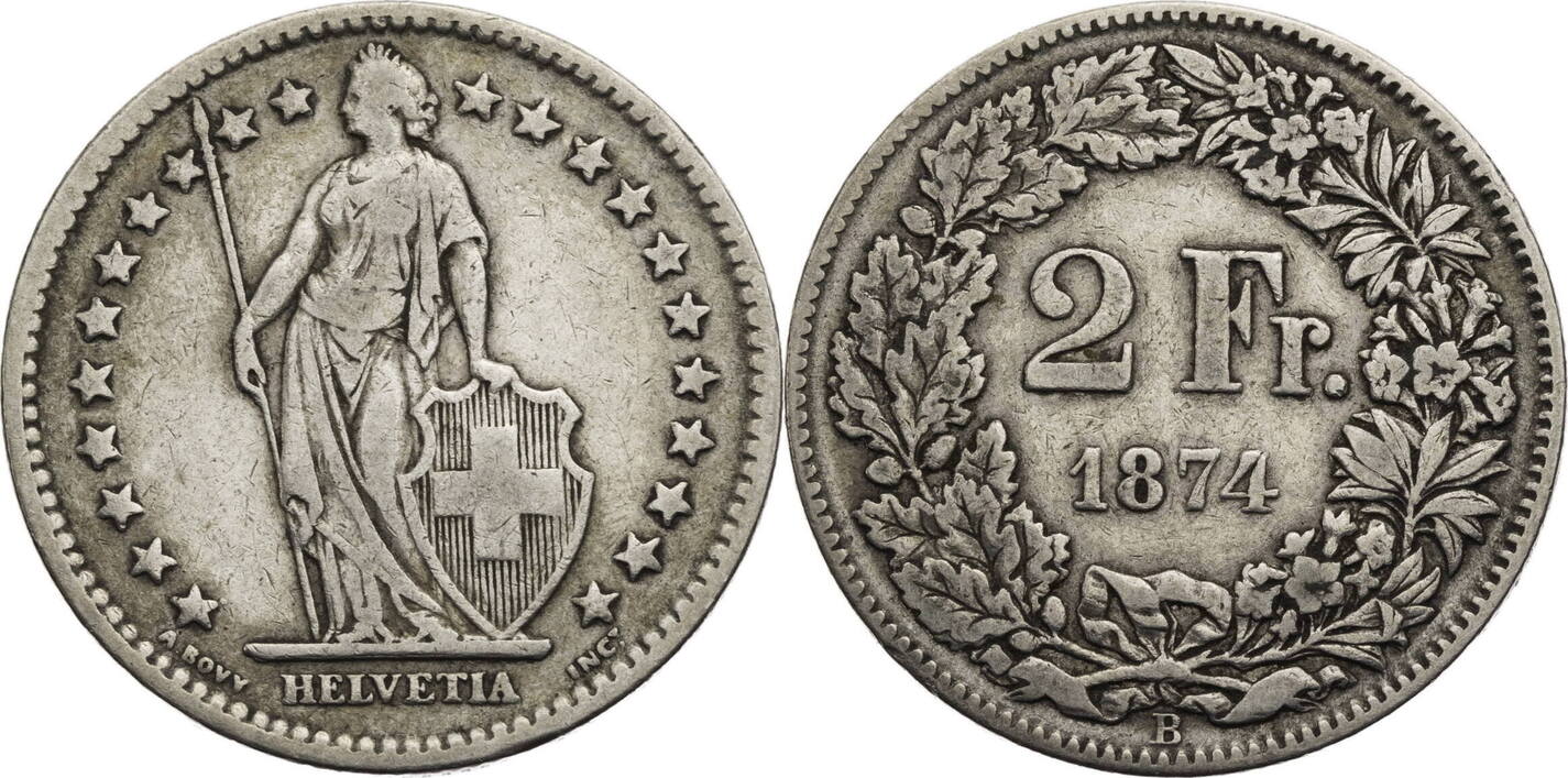 Schweiz 2 Franken 1874 B Helvetia - Kursmünze (1874-1967) F | MA-Shops