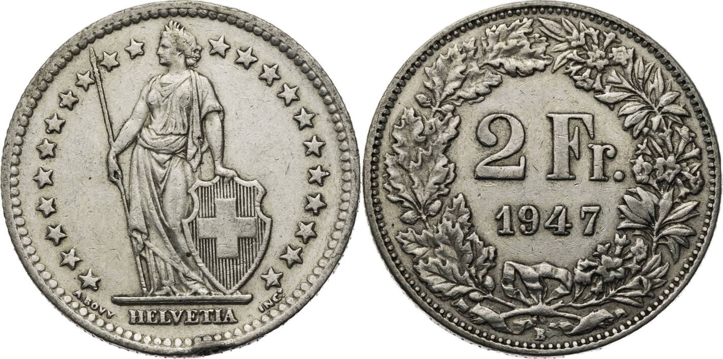 Schweiz 2 Franken 1947 B Helvetia - Kursmünze (1874-1967) VF | MA-Shops