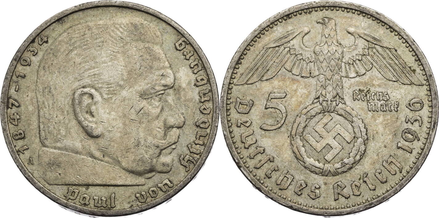 Drittes Reich 5 Reichsmark 1936 A Hindenburg - Kursmünze (1936-1939) VF ...