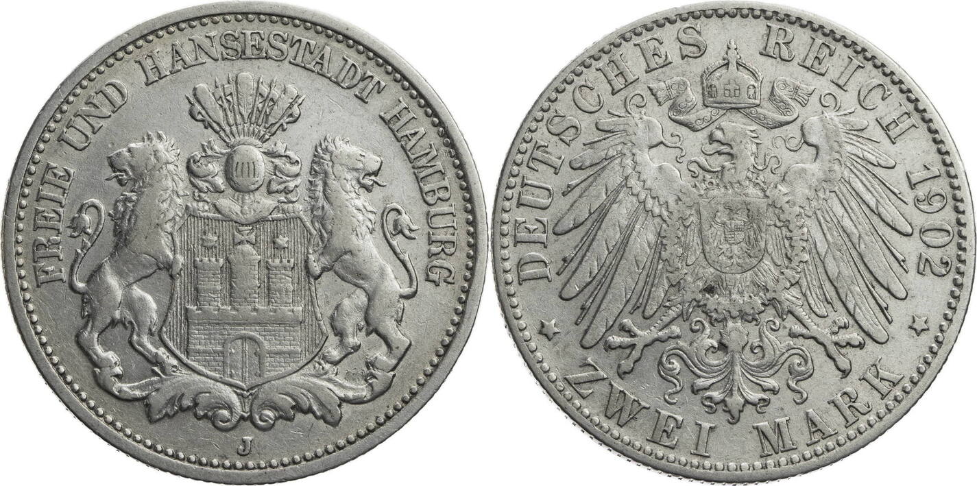 Kaiserreich, Hamburg 2 Mark 1902 J Kursmünze (1892-1914) VF | MA-Shops