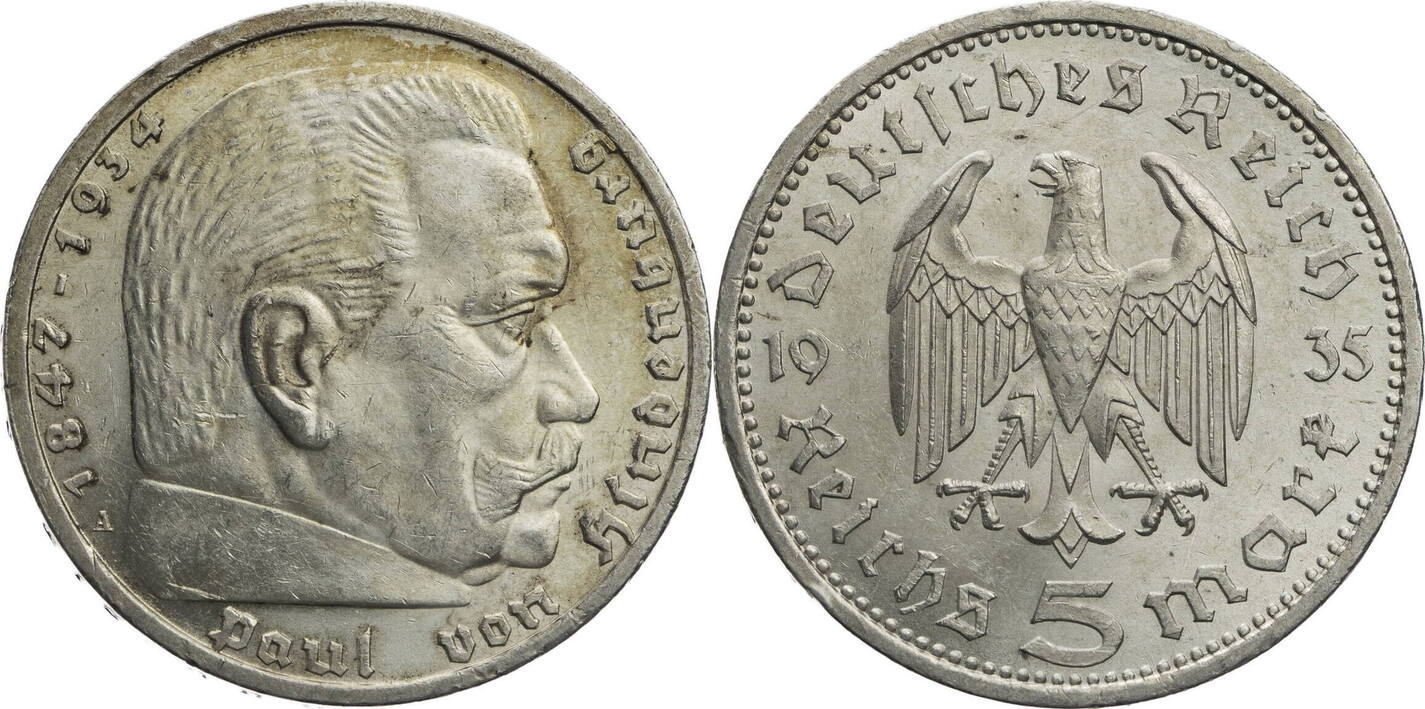 Drittes Reich 5 Reichsmark 1935 A Hindenburg - Kursmünze (1935-1936) EF ...