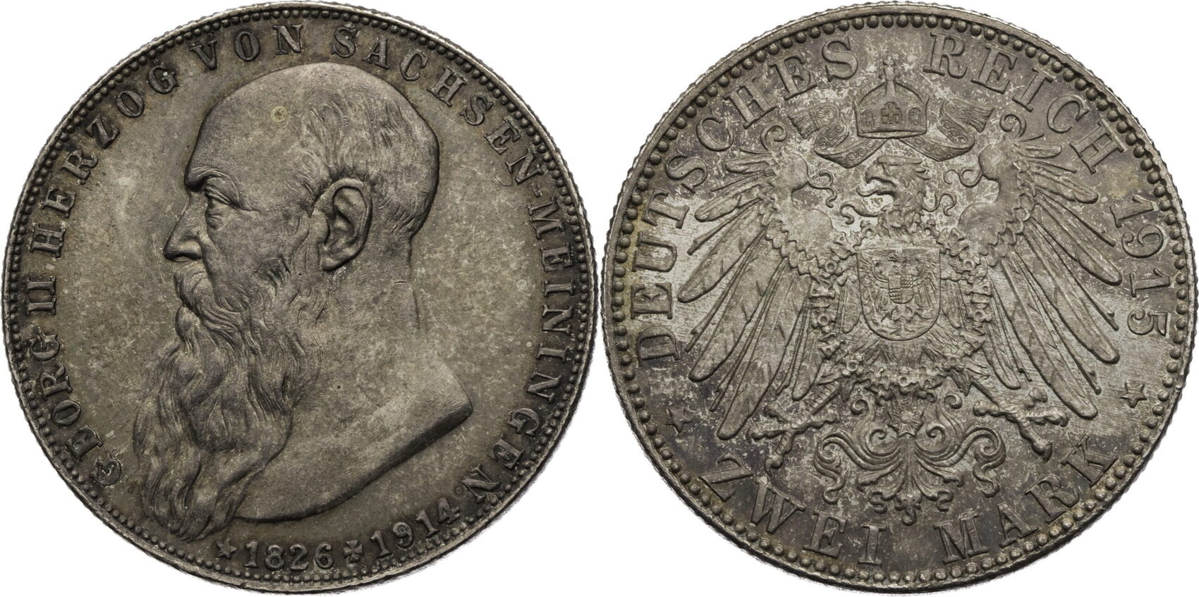 Kaiserreich, Sachsen-Meiningen 2 Mark 1915 (D) Georg II. (1866-1914) - Auf seinen Tod EF | MA-Shops