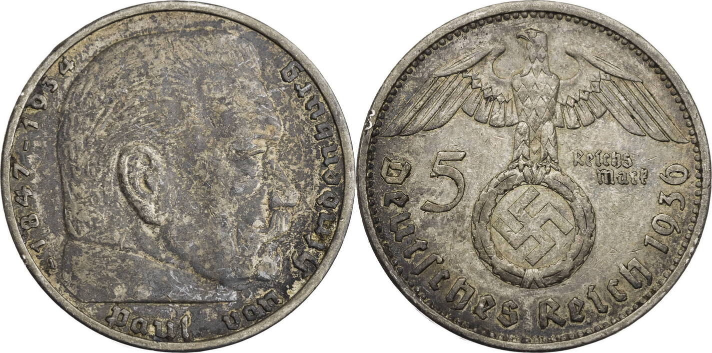 Drittes Reich 5 Reichsmark 1936 A Hindenburg - Kursmünze (1936-1939) VF ...