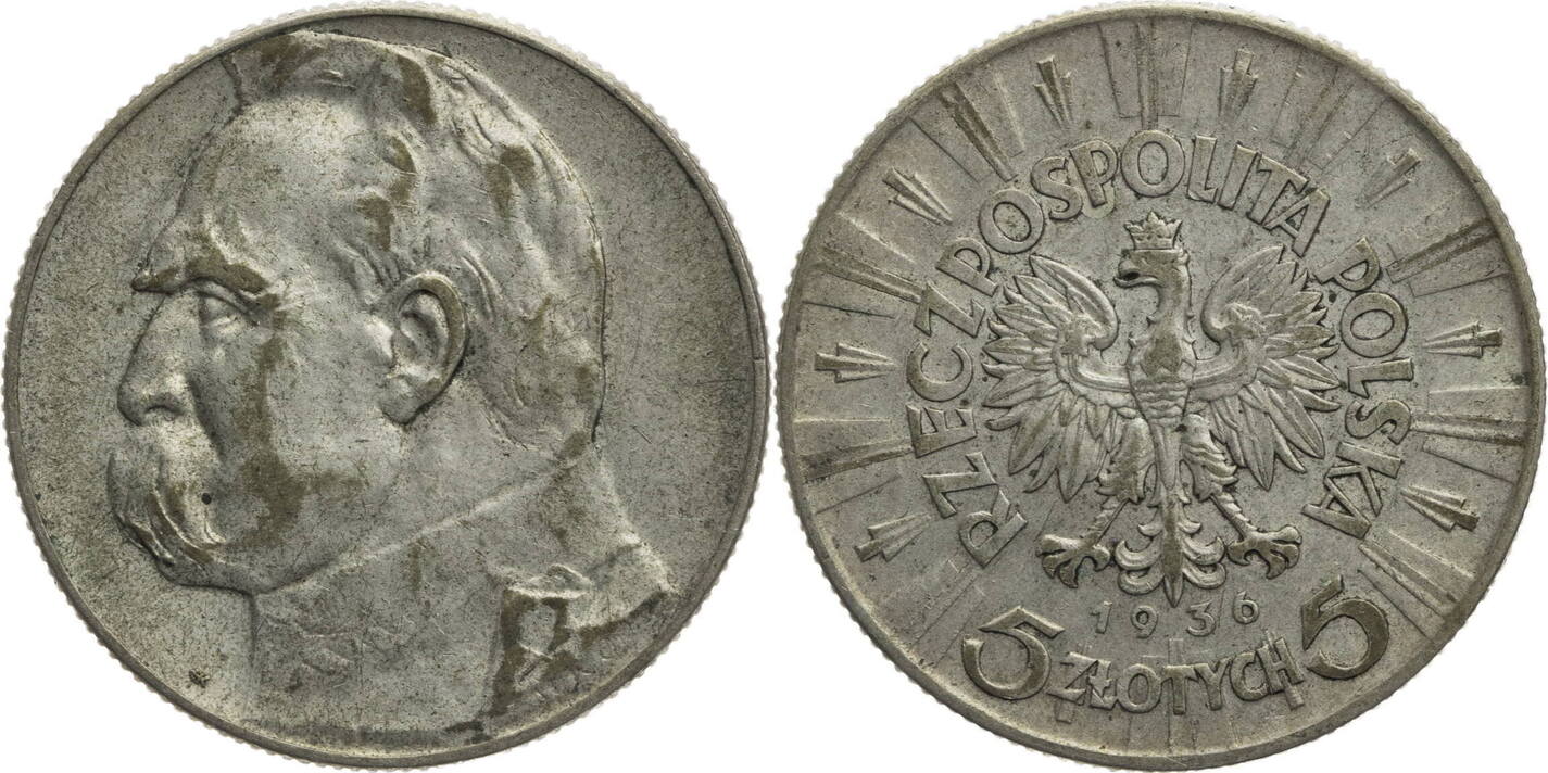 Polen 5 Zloty 1936 Jozef Pilsudski - Kursmünze (1934-1938) VF | MA-Shops