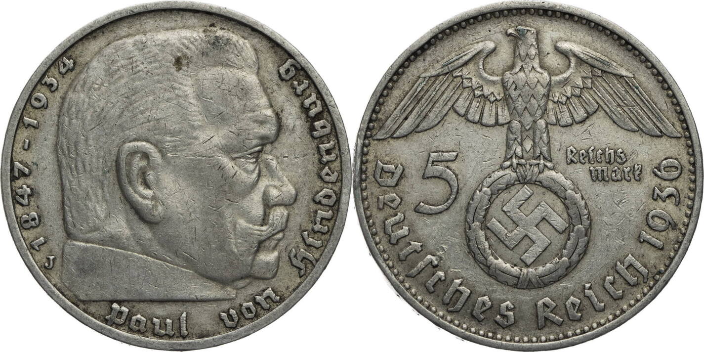 Drittes Reich 5 Reichsmark 1936 J Hindenburg - Kursmünze (1936-1939) VF ...