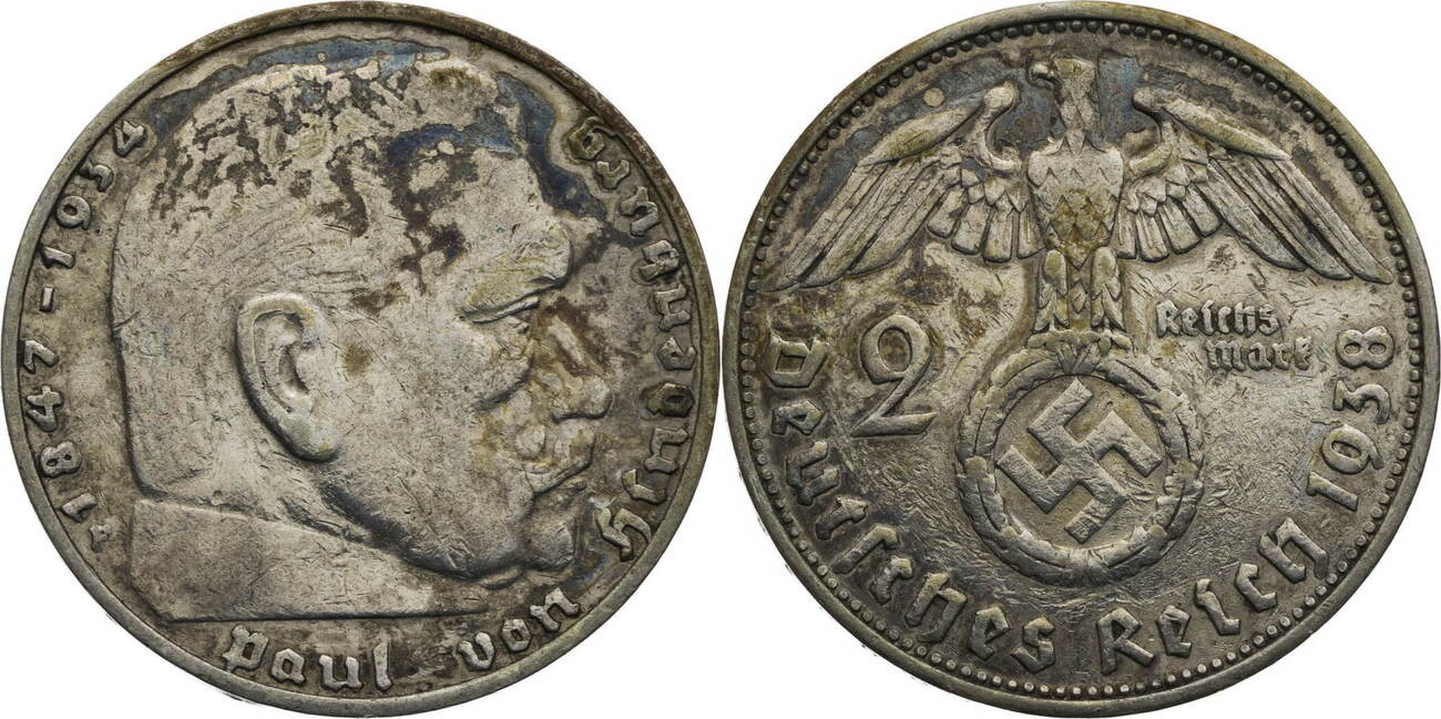 Drittes Reich 2 Reichsmark 1938 F Paul von Hindenburg - Kursmünze (1936 ...
