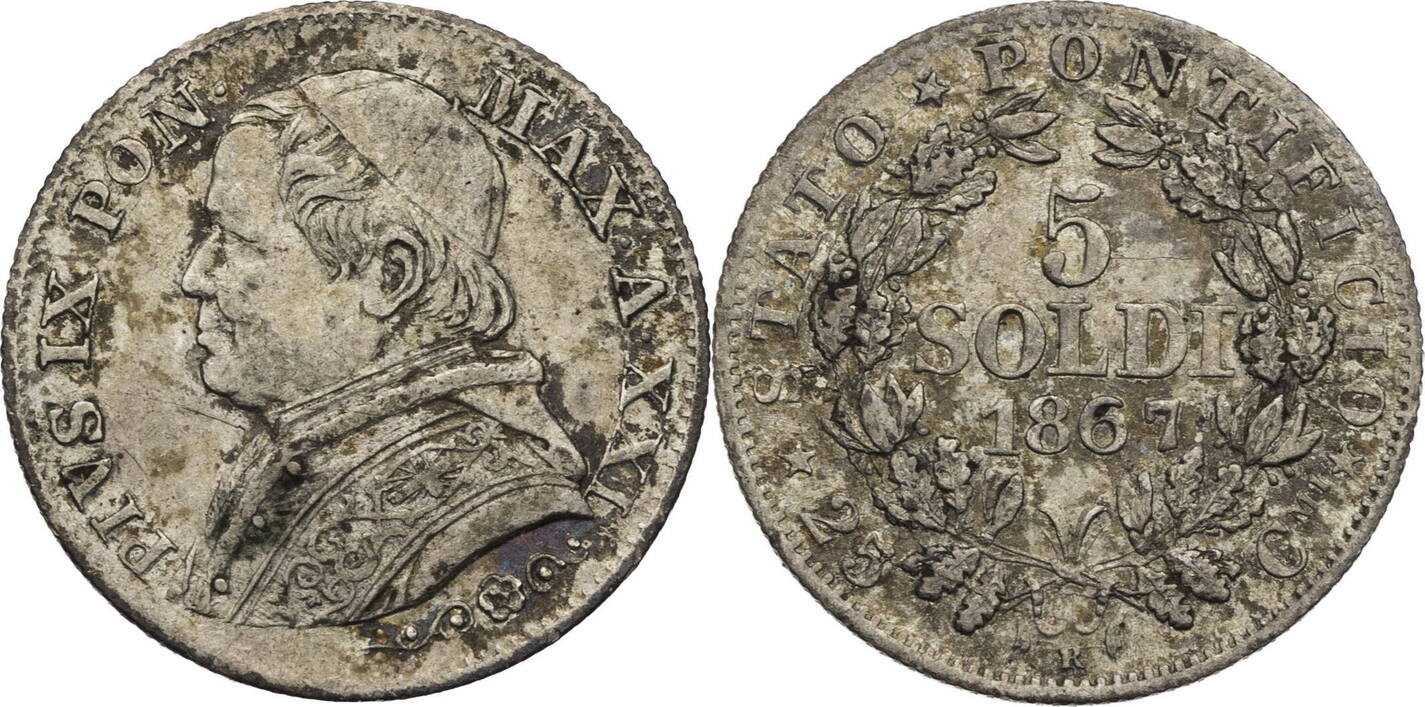 Vatikan 5 Soldi 1867 R Pius IX. (1846-1878) - Kursmünze VF | MA-Shops