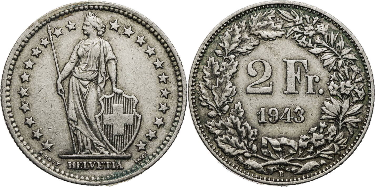 Schweiz 2 Franken 1943 B Helvetia - Kursmünze (1874-1967) VF zaponiert | MA-Shops