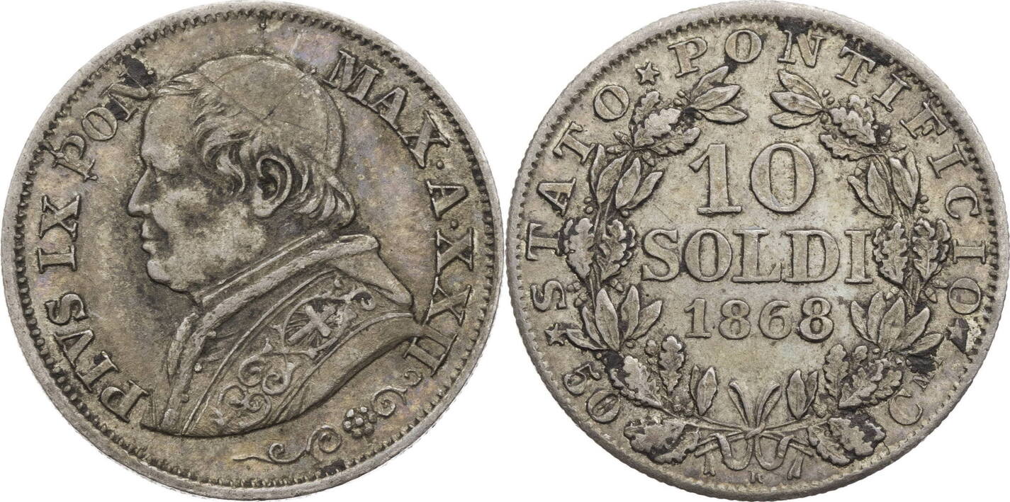 Vatikan 10 Soldi 1868 R Pius IX. (1846-1878) - Kursmünze (1866-1868) VF-EF | MA-Shops