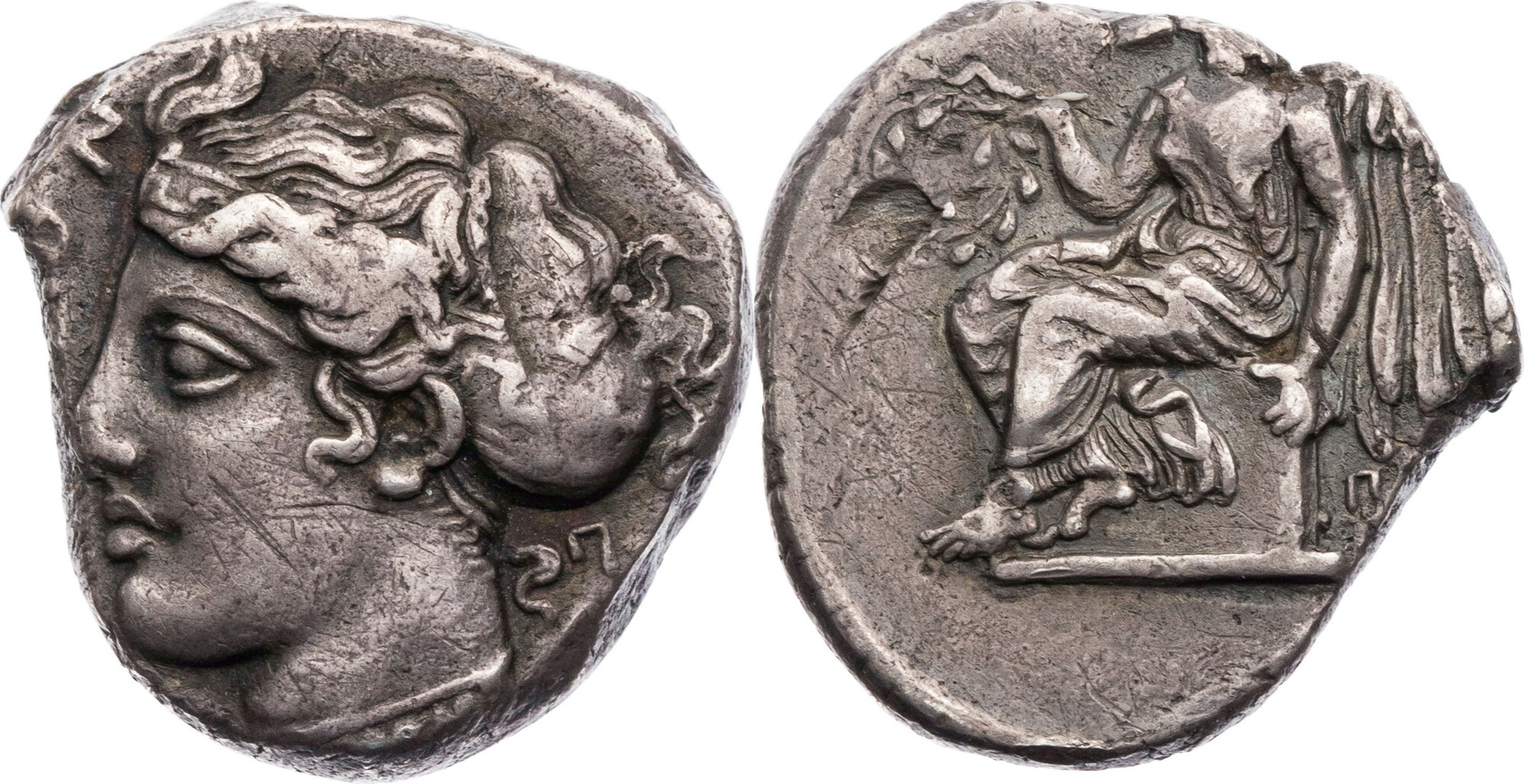 Bruttium Stater 420-400 v. Chr. Terina, Kopf der Nymphe Terina / Nike ...