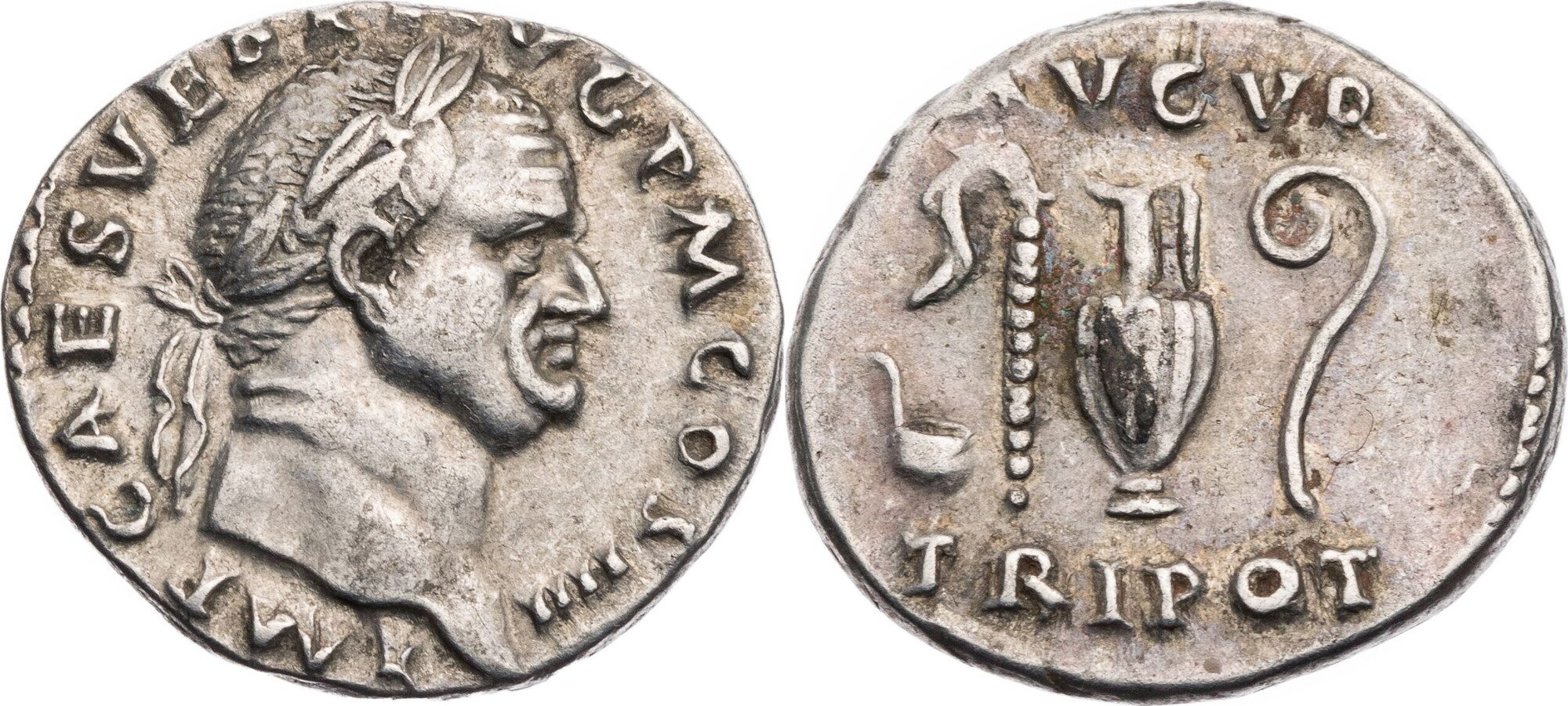 Römische Kaiserzeit Denar 72/73 n. Chr. Vespasianus, Kopf / AVGVR TRI POT, Priestergeräte Rs ...