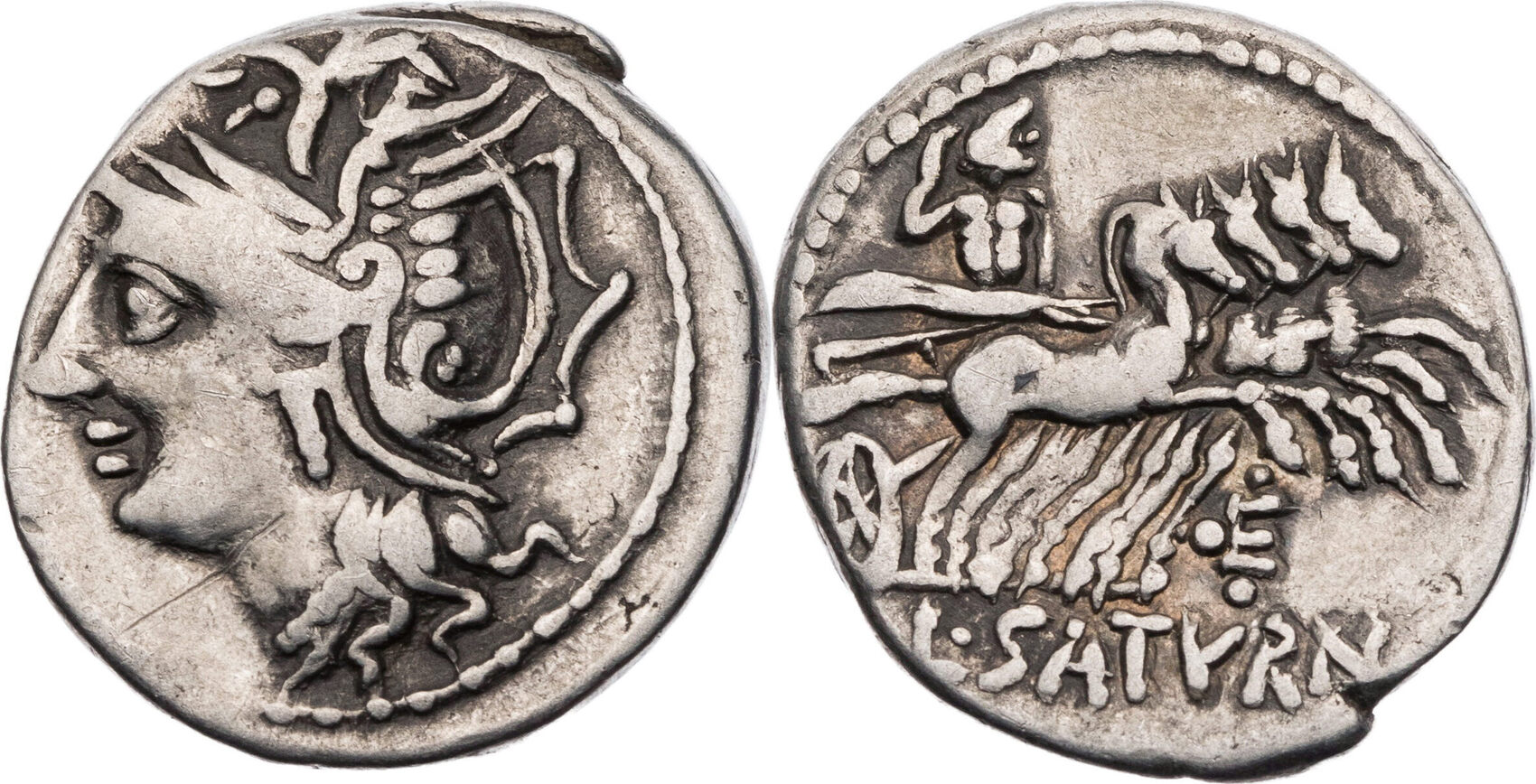 Römische Republik Denar 104 v. Chr. L. Appuleius Saturninus, Kopf der ...