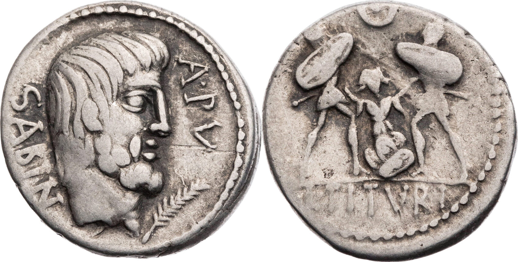 Römische Republik Denar 89 v. Chr. L. Titurius L.f. Sabinus, Kopf des ...