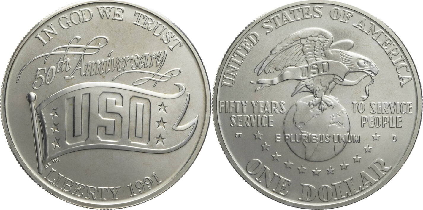 USA 1 Dollar 1991 D USO Anniversary UNC- (gekapselt) | MA-Shops