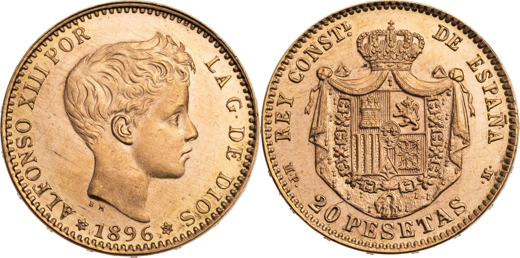 Spanien 20 Pesetas 1896 Alfonso XII. (1874-1885) - Kursmünze (1876-1881 ...