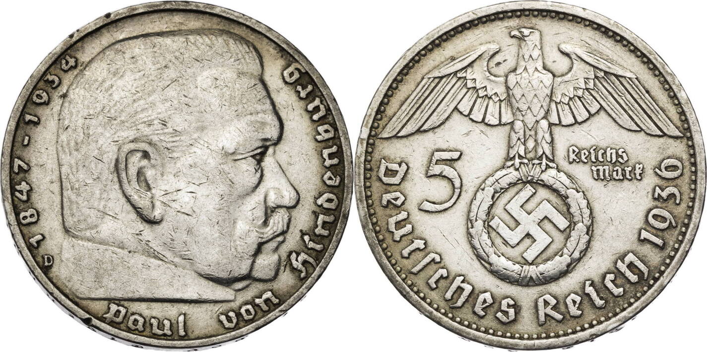 Drittes Reich 5 Reichsmark 1936 D Hindenburg - Kursmünze (1936-1939) VF ...