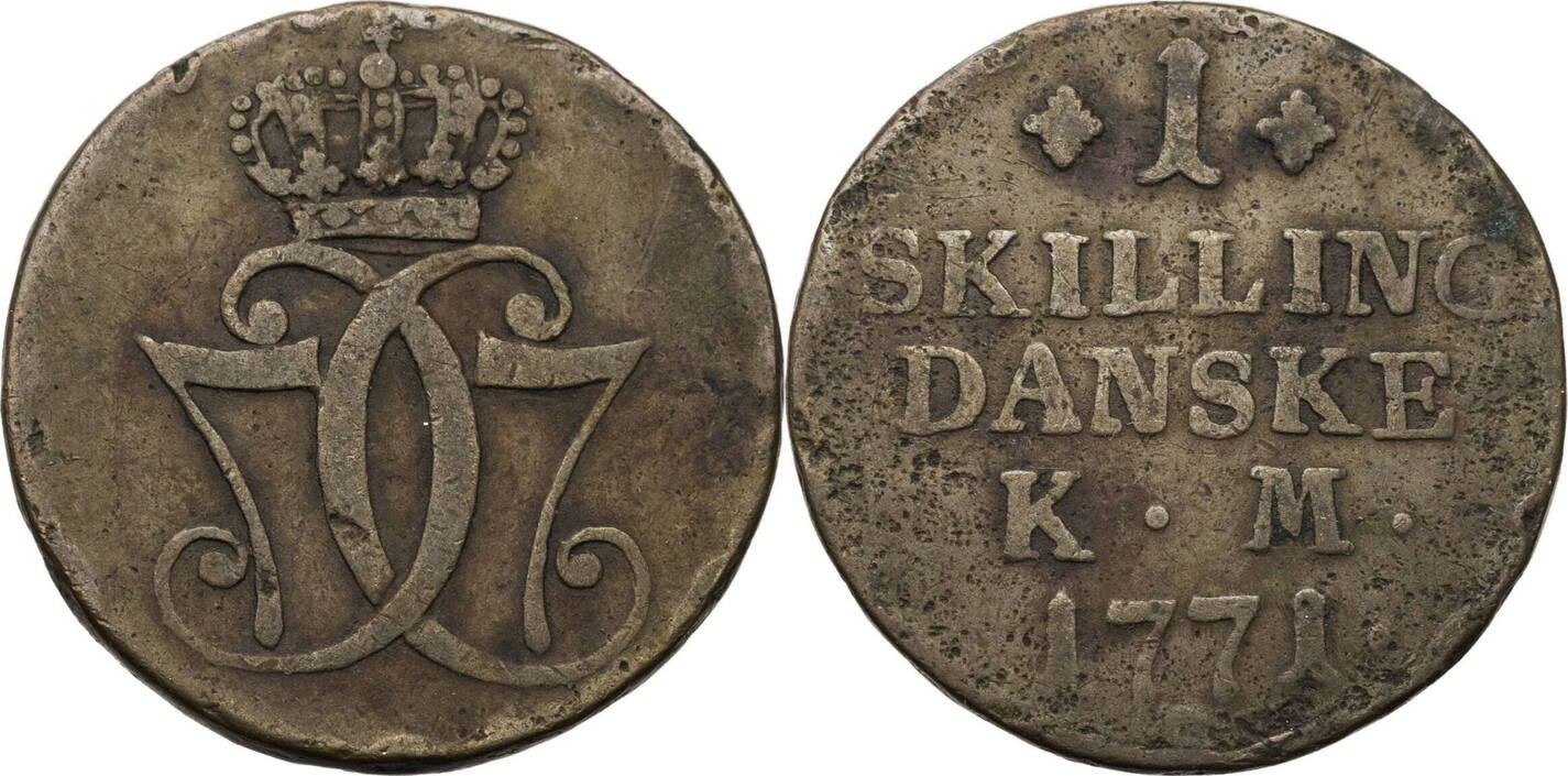 Dänemark 1 Skilling 1771 KM Christian VII. (1766-1808) - Kursmünze ...