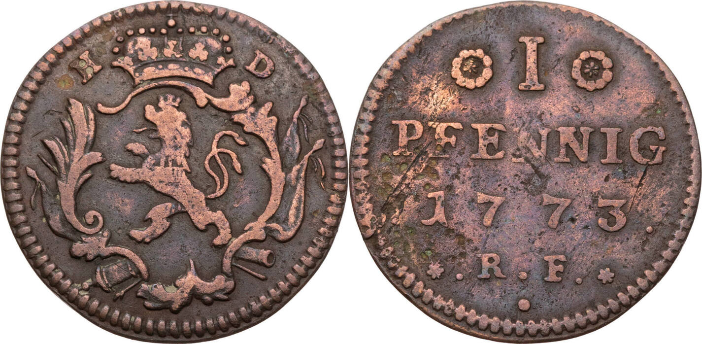 Hessen-Darmstadt 1 Pfennig 1773 Ludwig IX. (1768-1790) Rs. Kratzer, VF ...