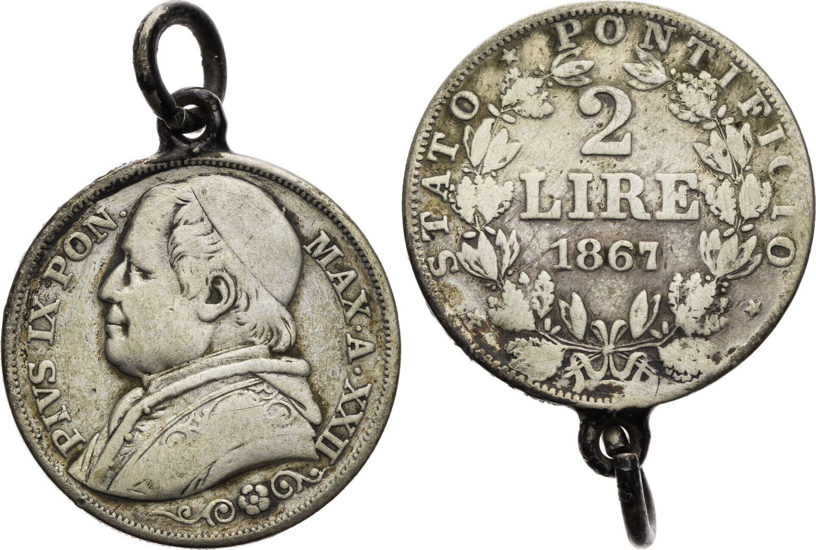Vatikan 2 Lire 1867 R Pius IX. (1846-1878) F, gehenkelt | MA-Shops