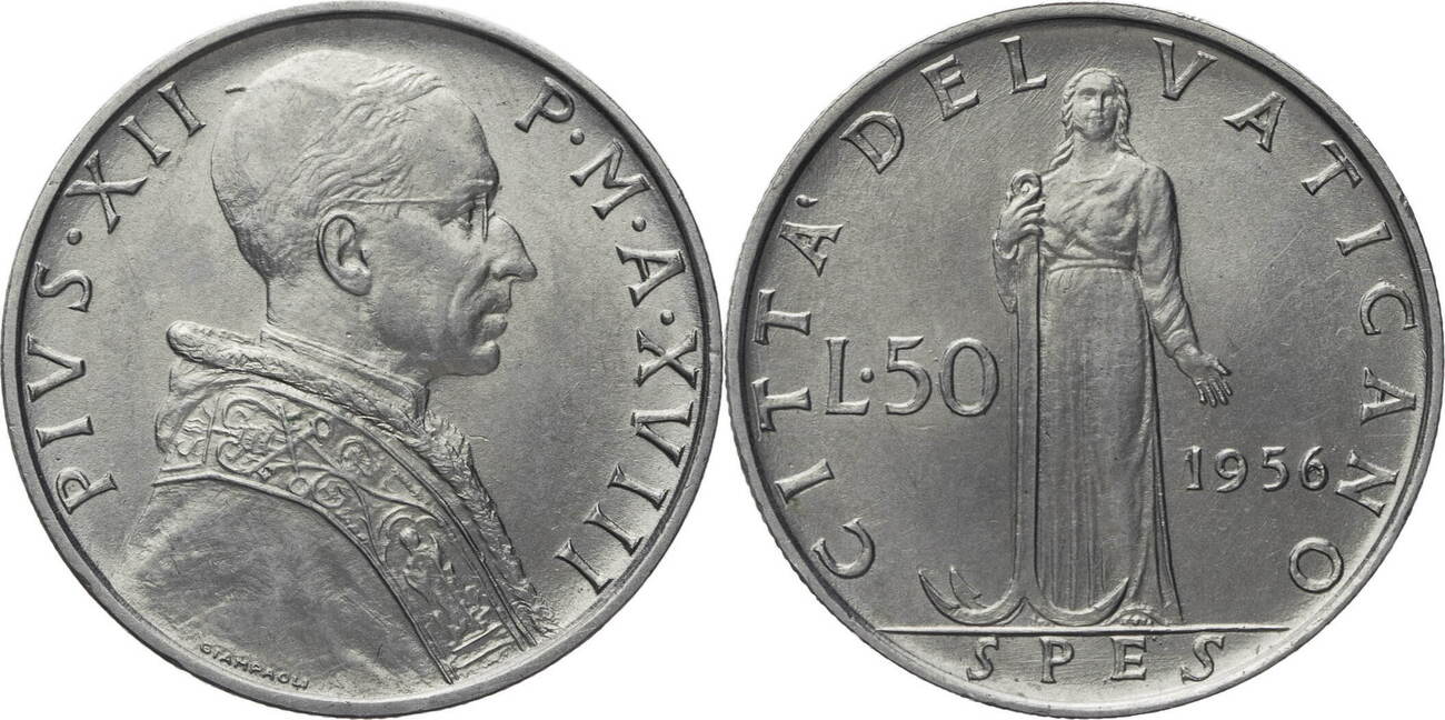 Vatikan 50 Lire 1956 Pius XII. (1939-1958) - Kursmünze (1955-1958) VF-EF | MA-Shops