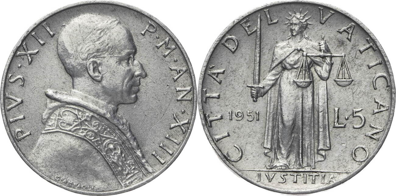 Vatikan 5 Lire 1951 Pius XII. (1939-1958) - Kursmünze (1951-1958) VF | MA-Shops