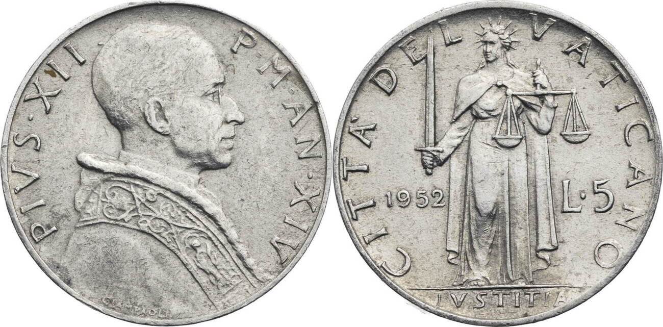 Vatikan 5 Lire 1952 Pius XII. (1939-1958) - Kursmünze (1951-1958) VF | MA-Shops
