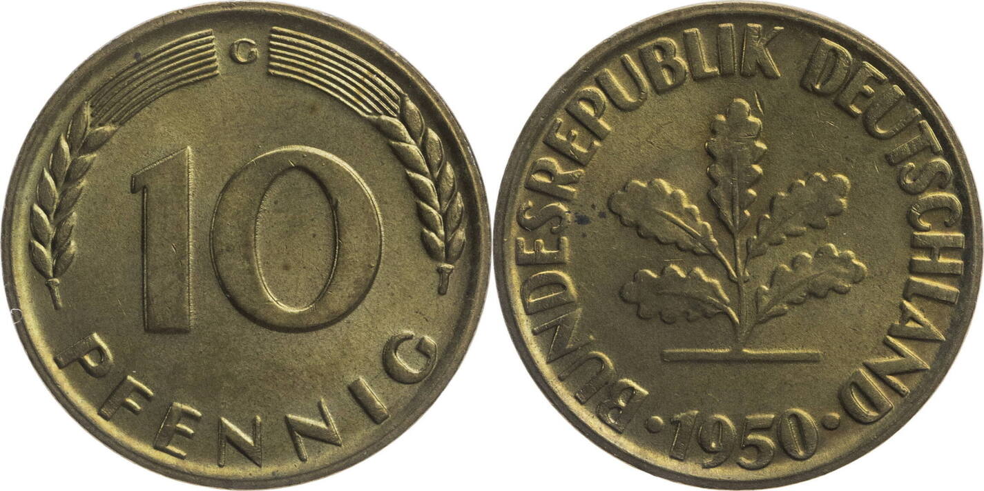 Bundesrepublik Deutschland 10 Pfennig 1950 G Kursmünze (1950-2001) UNC ...