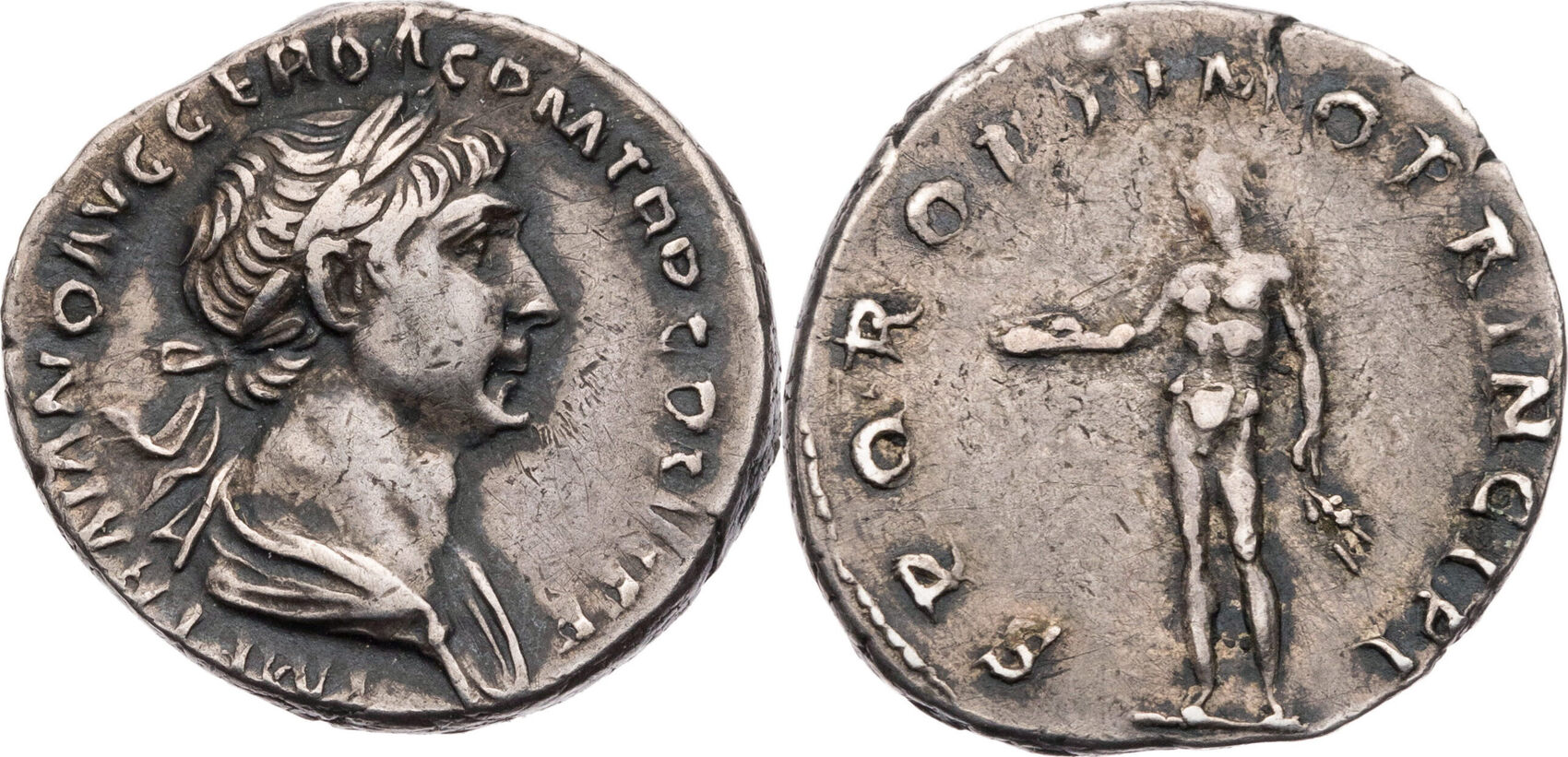 Römische Kaiserzeit Denar 113-114 n. Chr. Traianus, Büste / Bonus ...