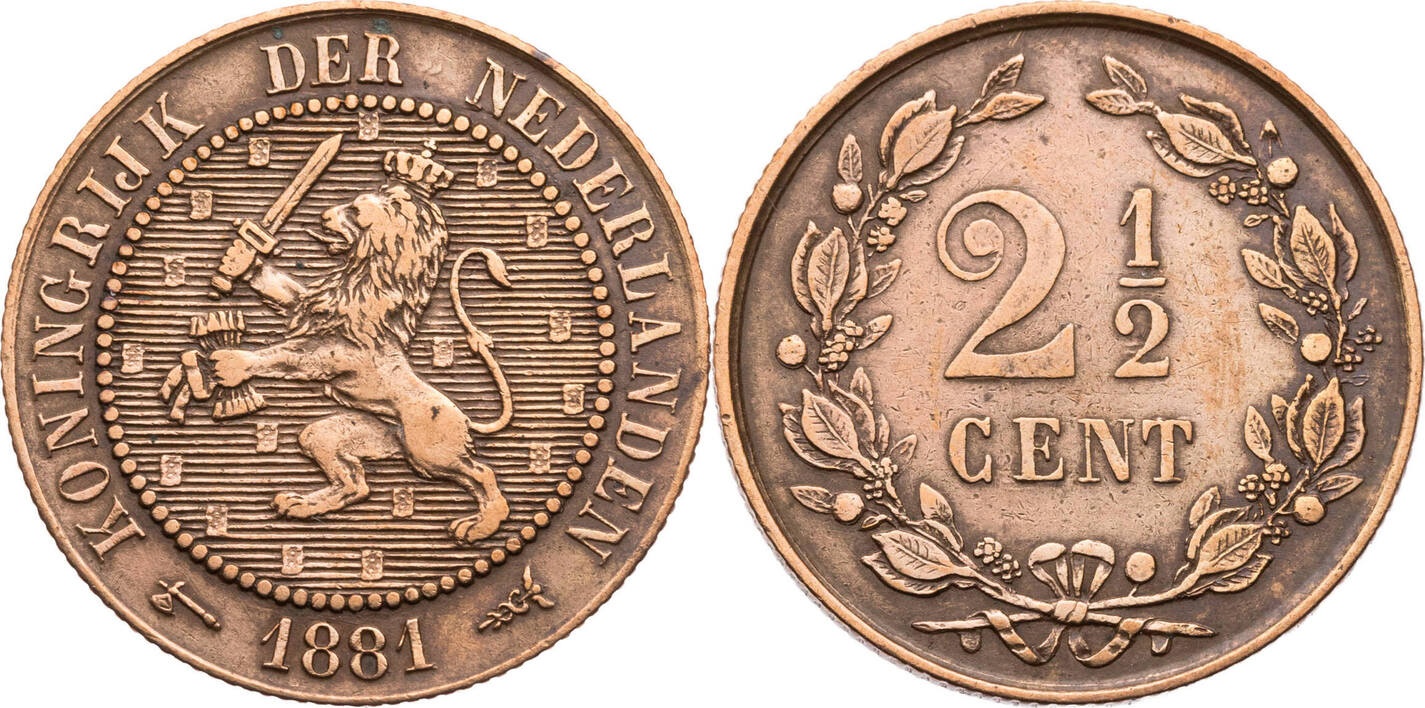 Niederlande 2 1/2 Cent 1881 Wilhelm III. (1849–1890) - Kursmünze (1877-1898) VF geputzt | MA-Shops