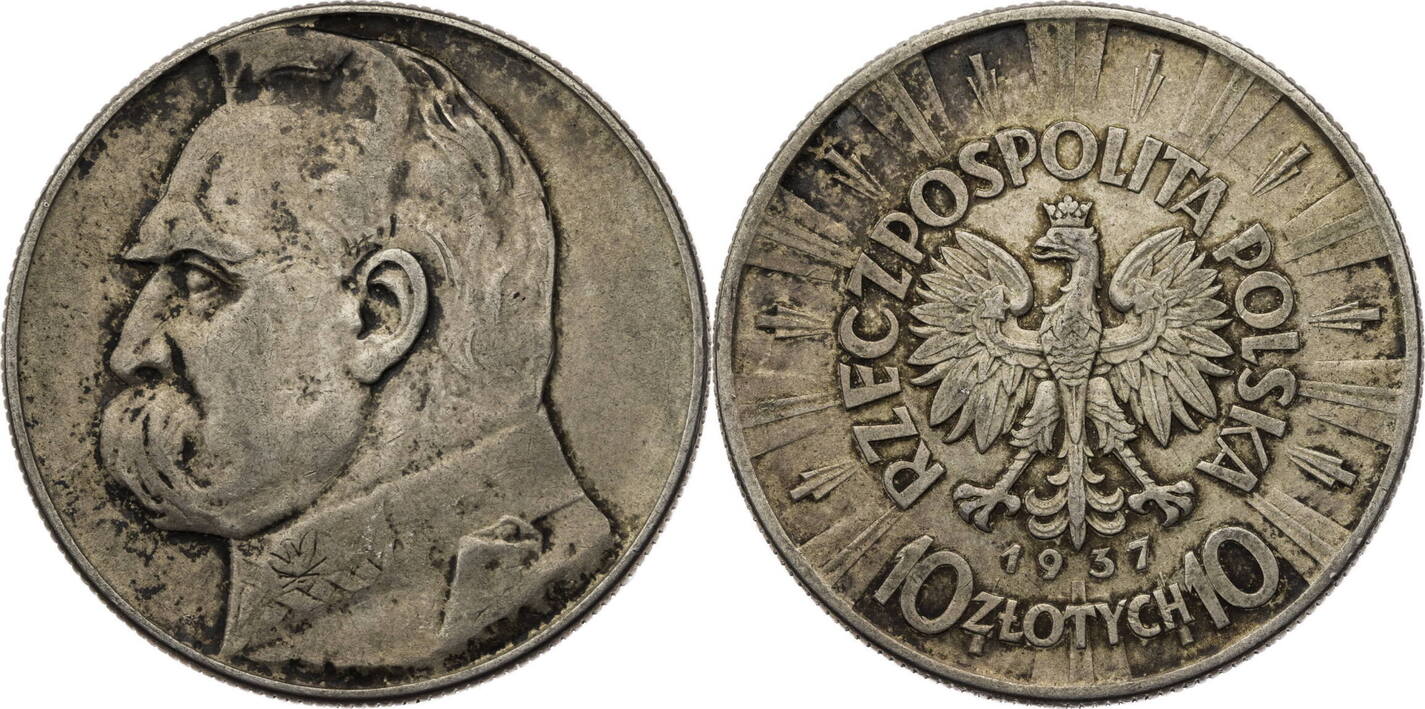 Polen 10 Zlotych 1937 Józef Piłsudski - Kursmünze (1934-1939) VF | MA-Shops