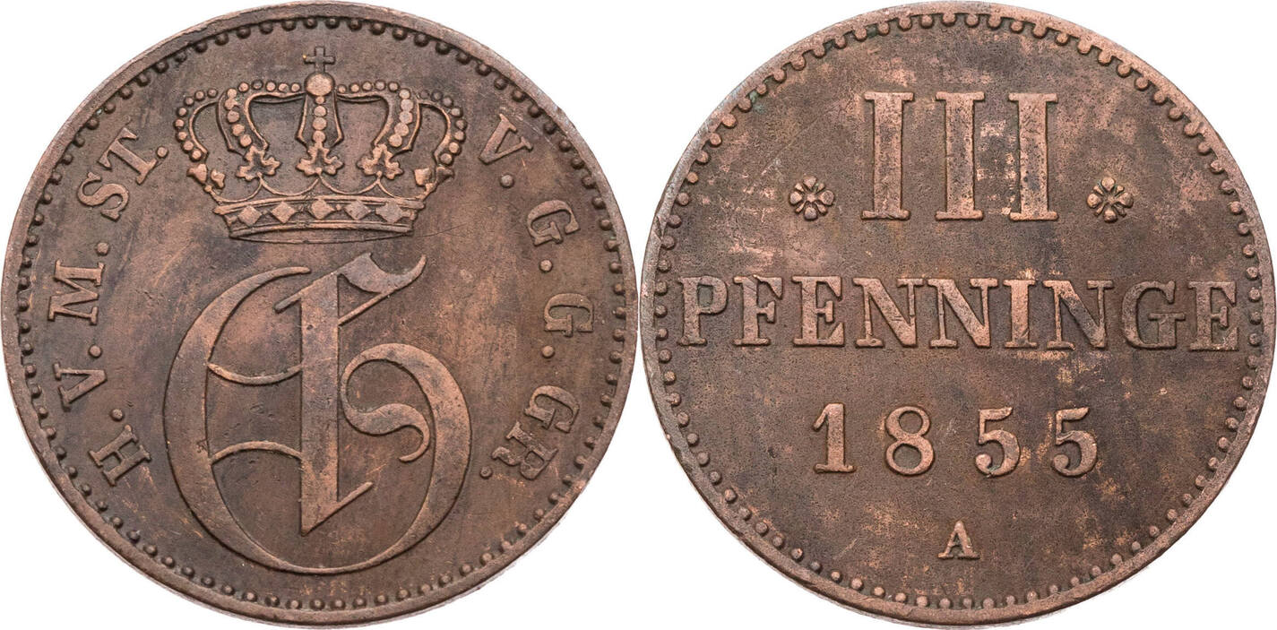 Mecklenburg-Strelitz 3 Pfennige 1855 A Georg (1816–1860) VF | MA-Shops