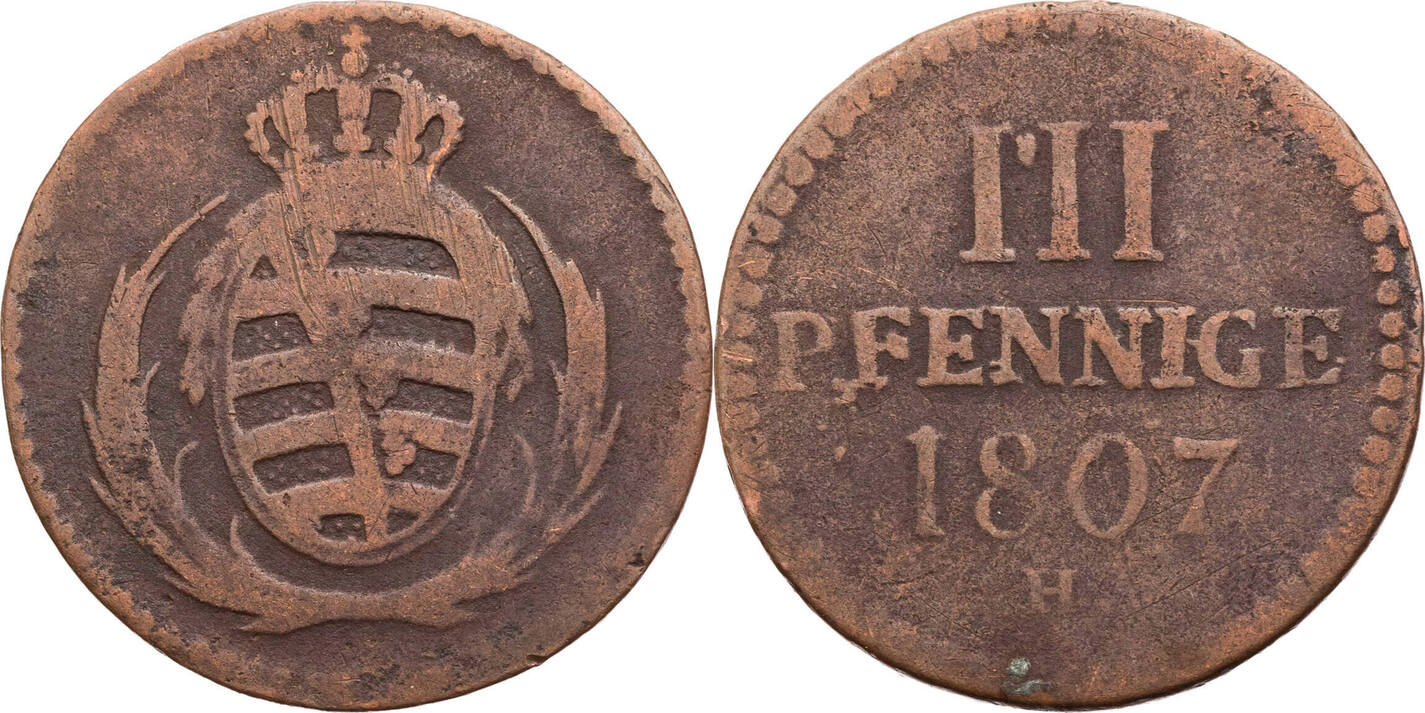 Sachsen, Albertinische Linie 3 Pfennige 1807 H Friedrich August (1806 ...