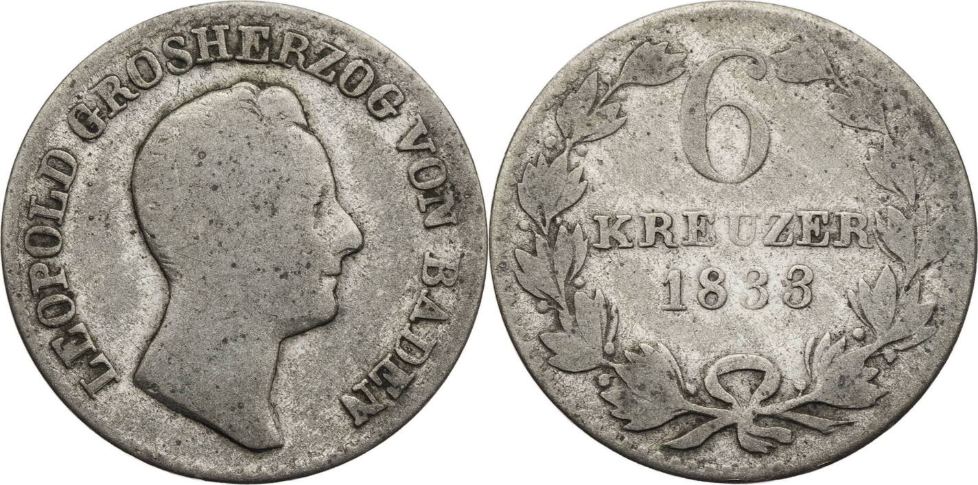 Baden, Großherzogtum 6 Kreuzer 1833 Leopold (1830–1852) - Kursmünze (1831-1837) F | MA-Shops