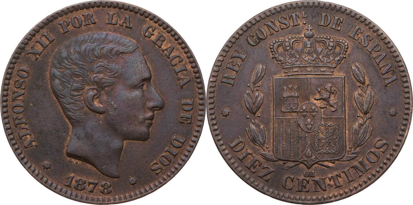 Spanien 10 Centavos 1878 Alfonso XII. (1877-1885) - Kursmünze (1877-1879) VF-EF | MA-Shops