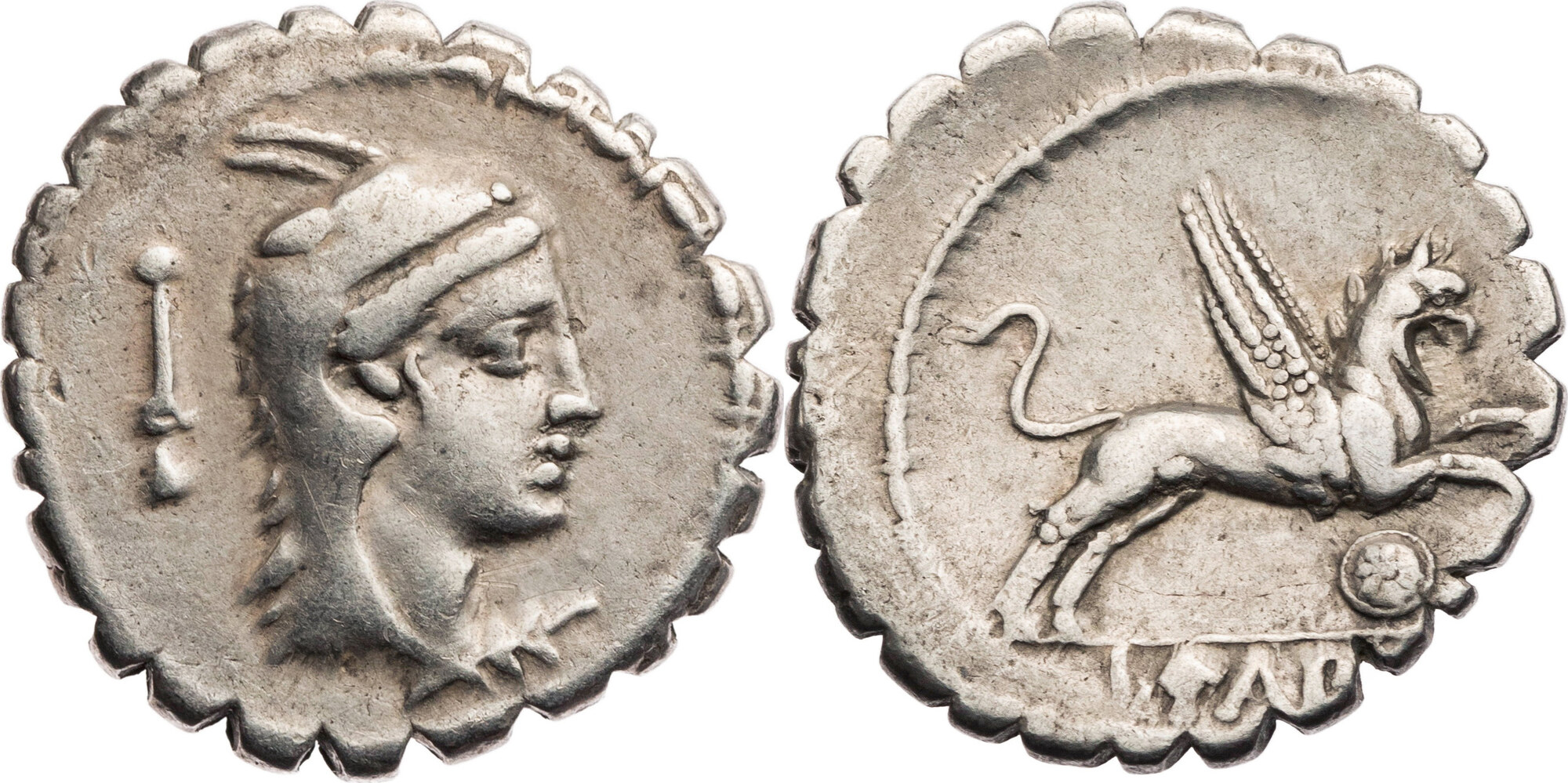 Römische Republik Denar (Serratus) 79 v. Chr. L. Papius, Kopf der Iuno ...
