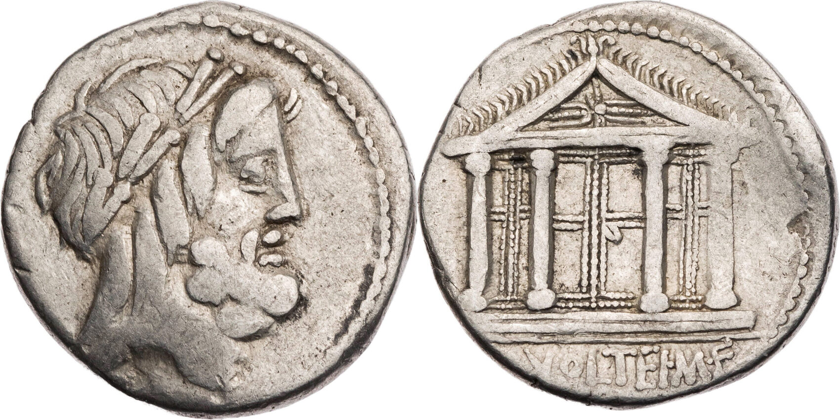 Römische Republik Denar 78 v. Chr. M. Volteius M. f., Kopf des Jupiter ...