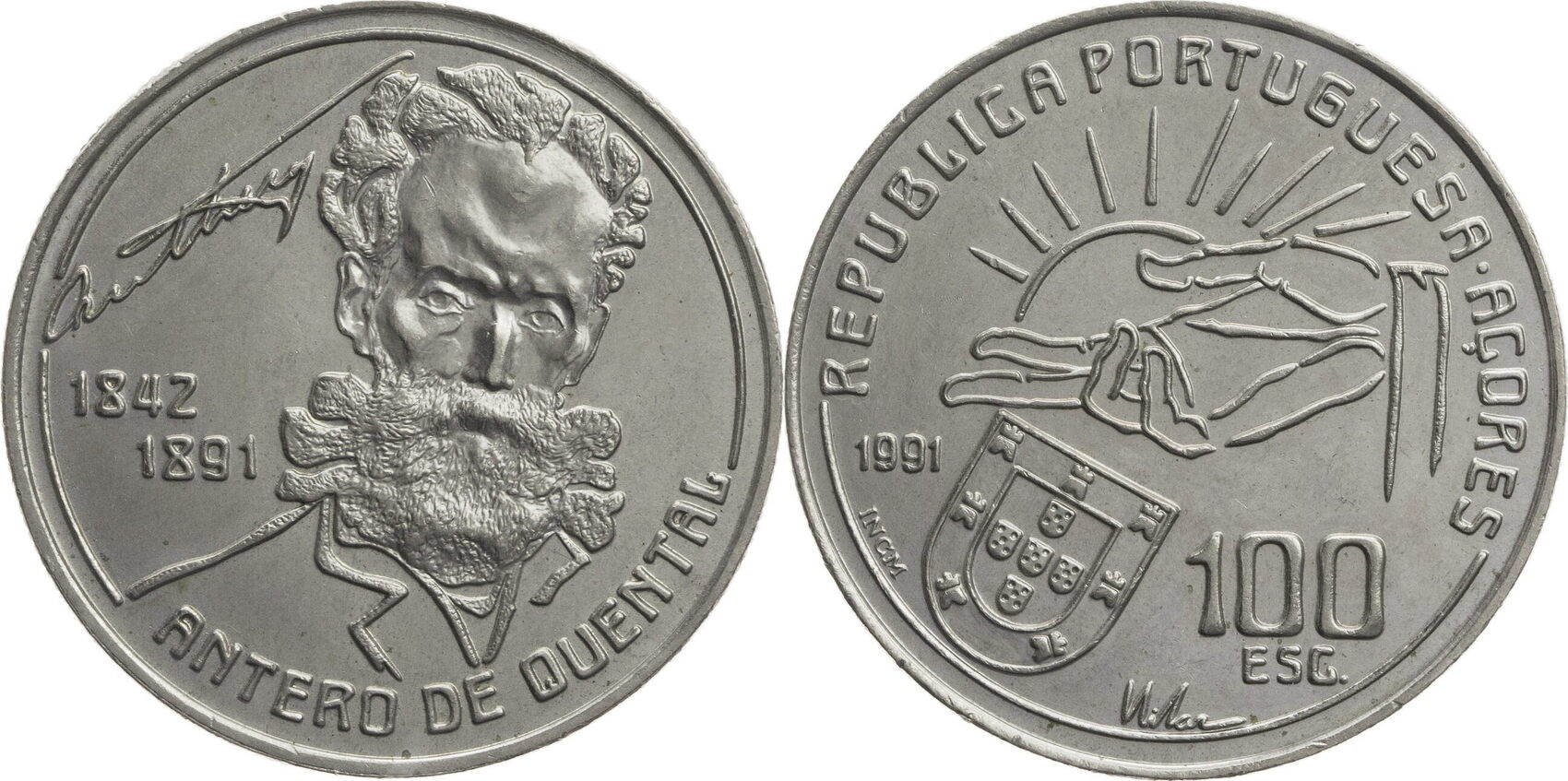 Portugal 100 Escudos 1991 INCM Auf den 100. Geburtstag von Antero de ...