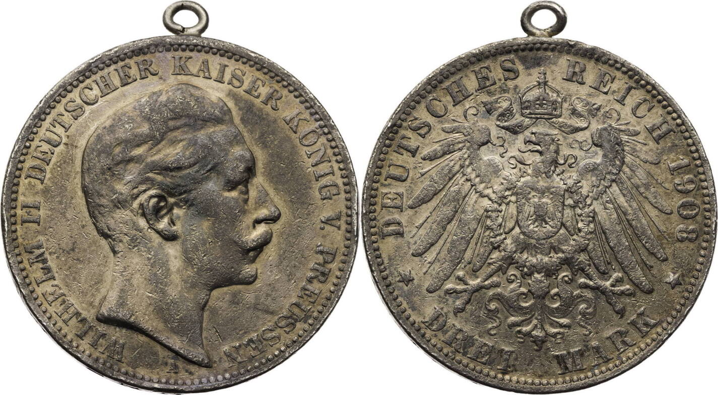 Kaiserreich, Preussen 3 Mark 1908 A Wilhelm II. (1888-1918) - Kursmünze (1905-1912) VF gehenkelt ...